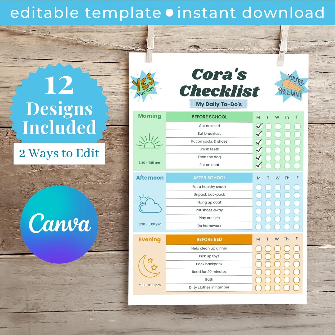 Editable Kids Morning Routine Chart, Kids Daily Checklist, Bedtime ...