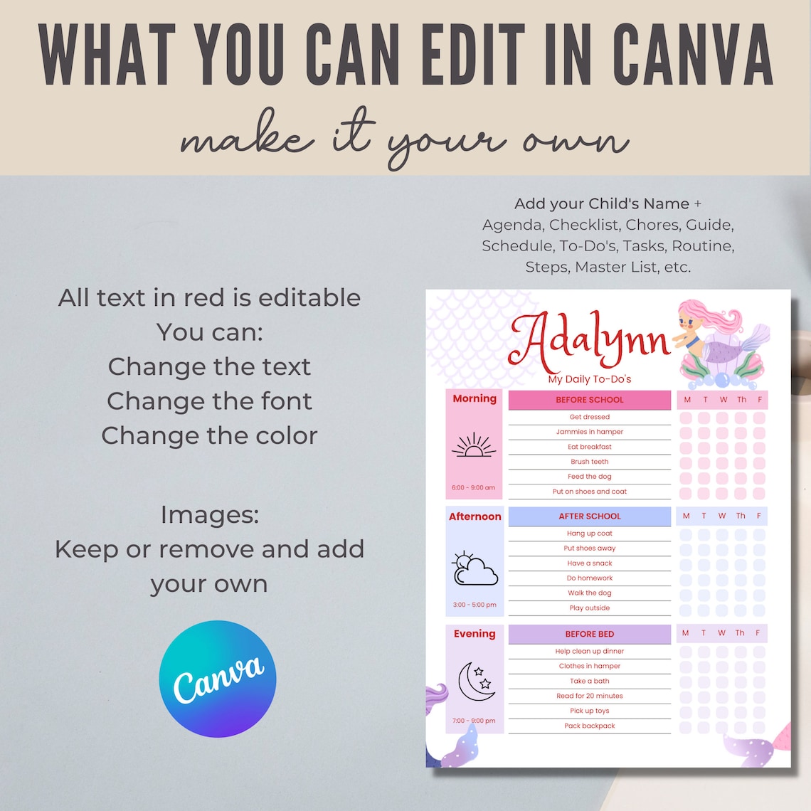 Mermaid Editable Kids Morning Routine Chart Kids Daily - Etsy