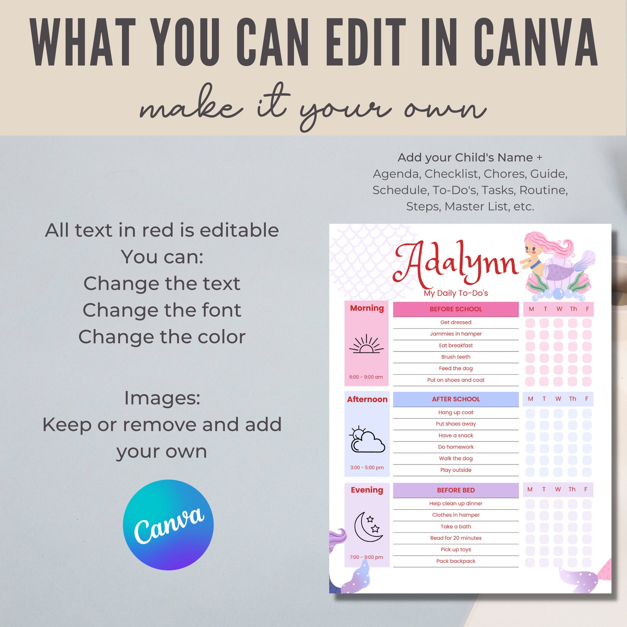 Mermaid Editable Kids Morning Routine Chart, Kids Daily Checklist ...