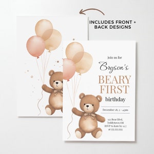 Beary First Birthday Invitation, Teddy Bear 1st B-day Invite for Boys ...