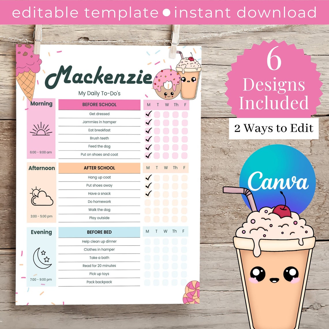 Sweets Editable Kids Morning Routine Chart, Kids Daily Checklist ...