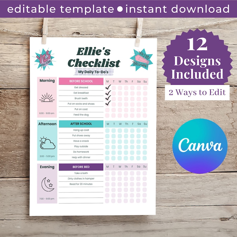 Editable Kids Morning Routine Chart Kids Daily Checklist - Etsy