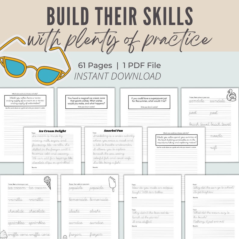 Summer Cursive Handwriting Practice Worksheets for Kids, Printable ...