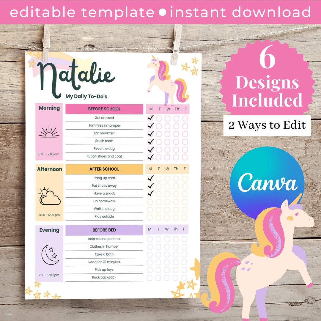 Unicorn Editable Kids Morning Routine Chart, Kids Daily Checklist ...