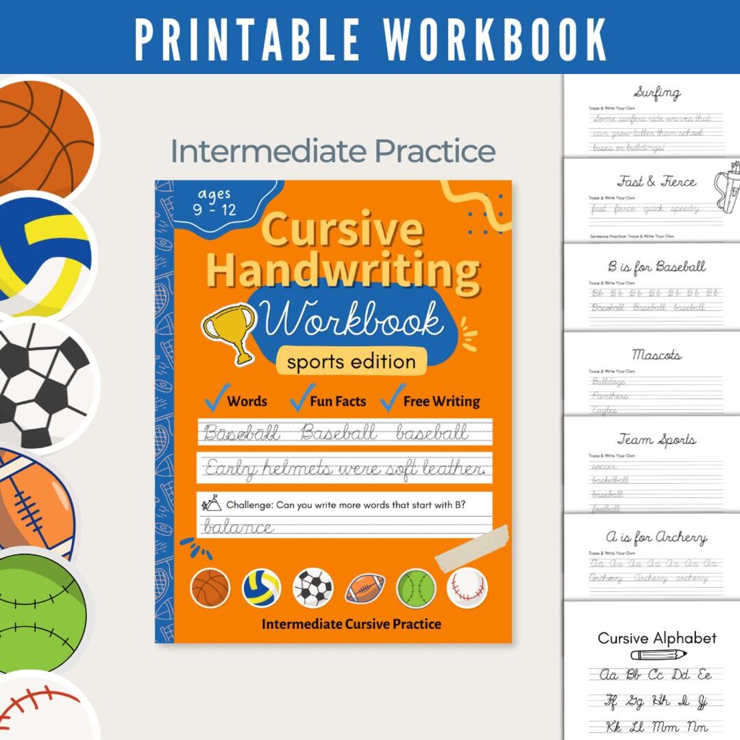 Cursive Handwriting Practice Worksheets for Kids Sports Edition ...
