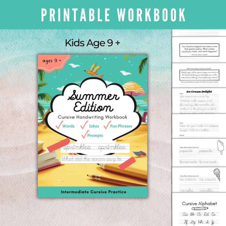 Summer Cursive Handwriting Practice Worksheets for Kids, Printable ...