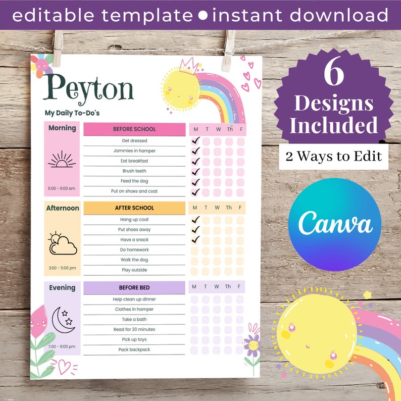 Rainbow Editable Kids Morning Routine Chart, Kids Daily Checklist ...