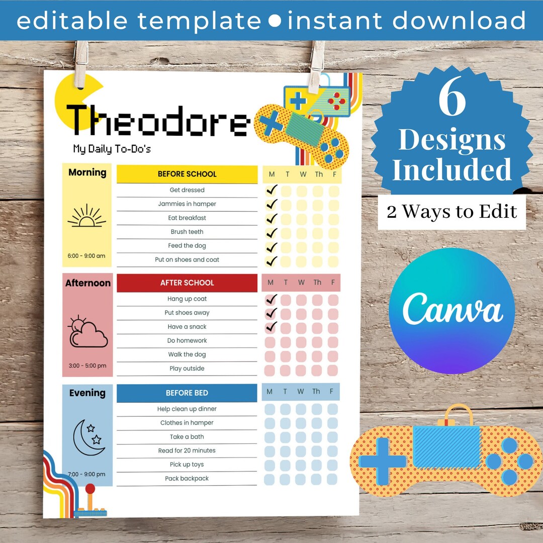 Gamer Editable Kids Morning Routine Chart, Kids Daily Checklist ...