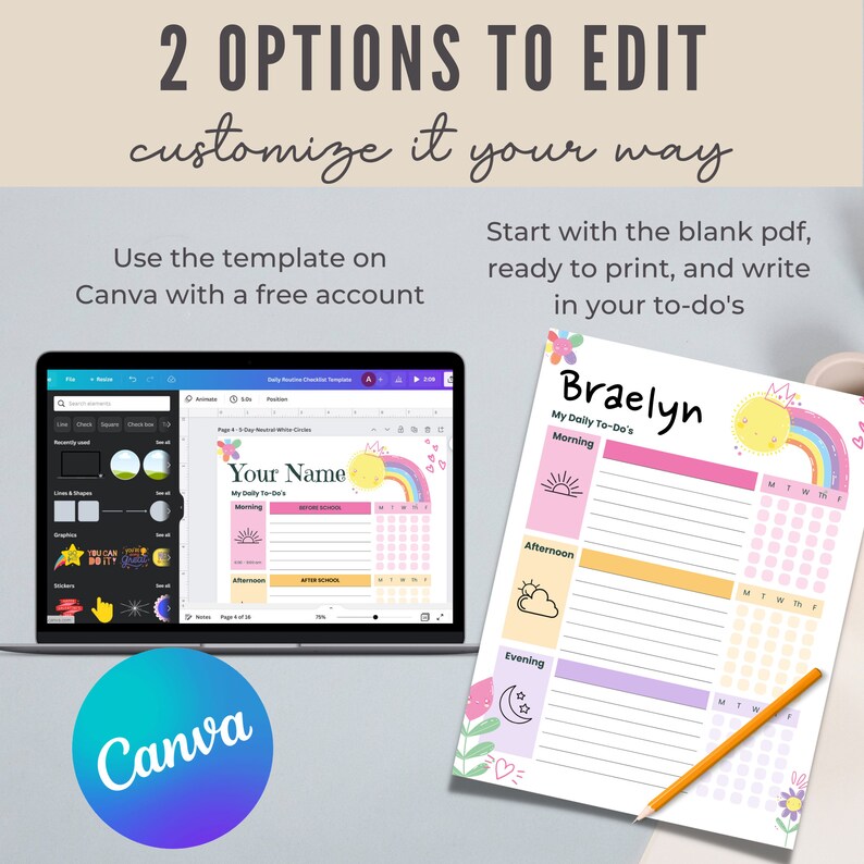 Rainbow Editable Kids Morning Routine Chart, Kids Daily Checklist ...