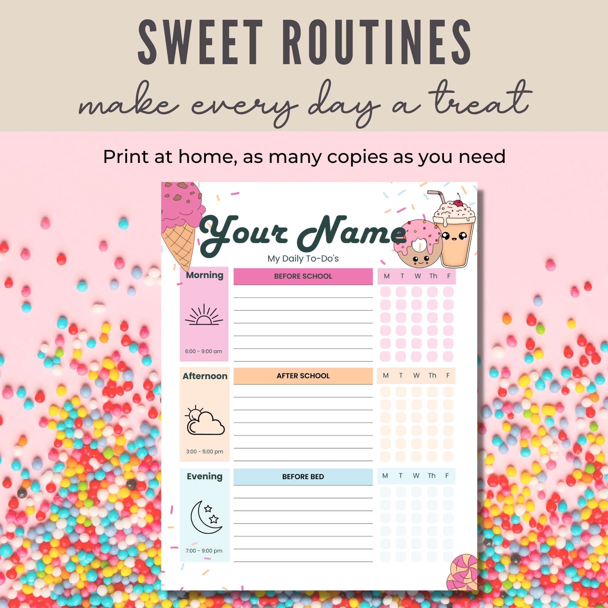 Sweets Editable Kids Morning Routine Chart, Kids Daily Checklist ...