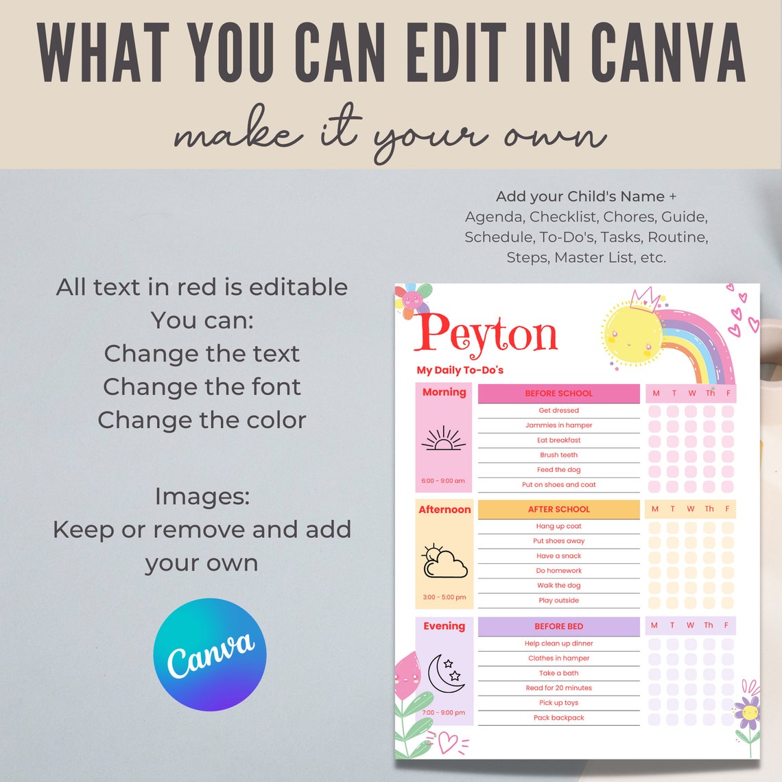 Rainbow Editable Kids Morning Routine Chart, Kids Daily Checklist ...