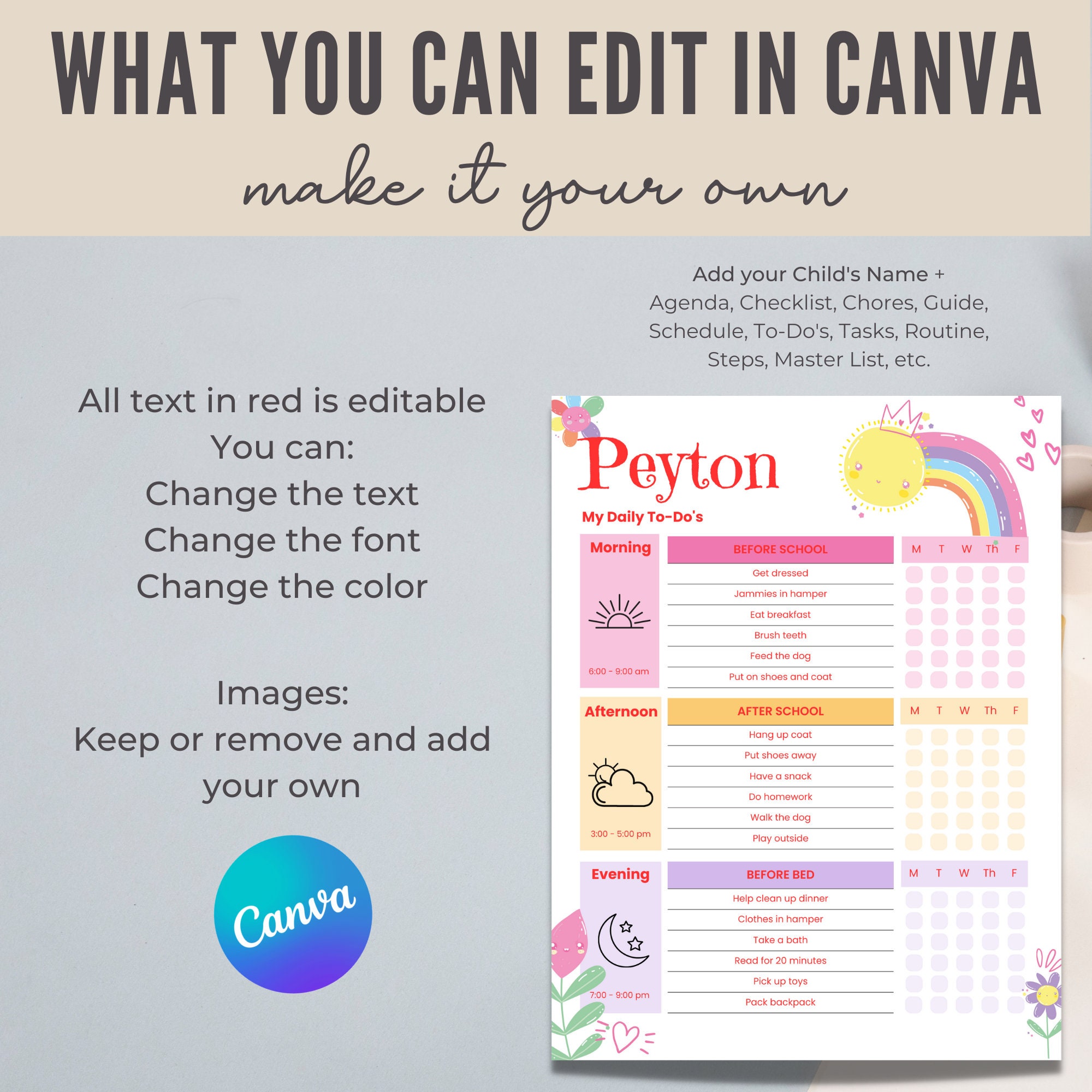 Rainbow Editable Kids Morning Routine Chart, Kids Daily Checklist ...