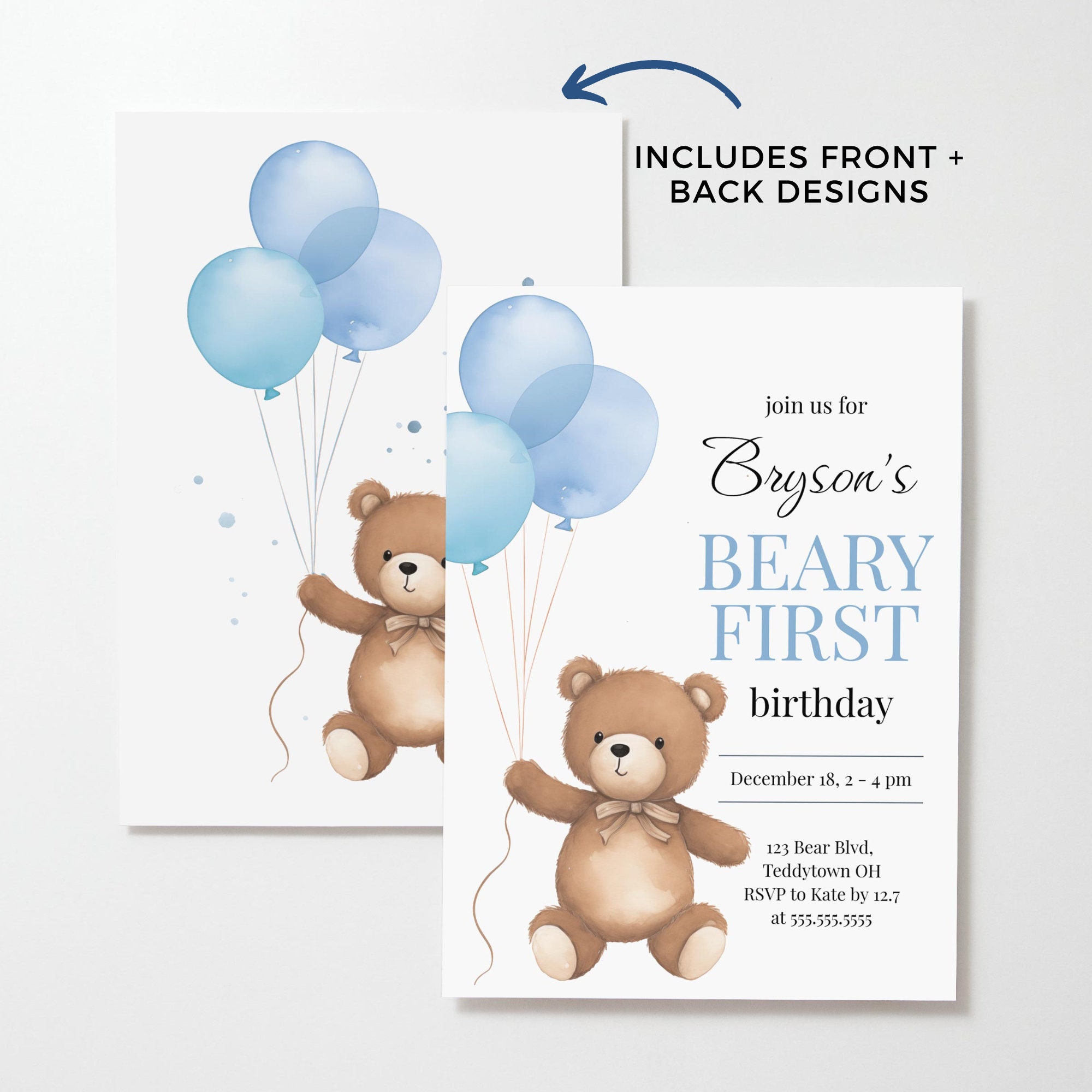 Beary First Birthday Invitation Blue Balloons, Teddy Bear 1st B-day ...