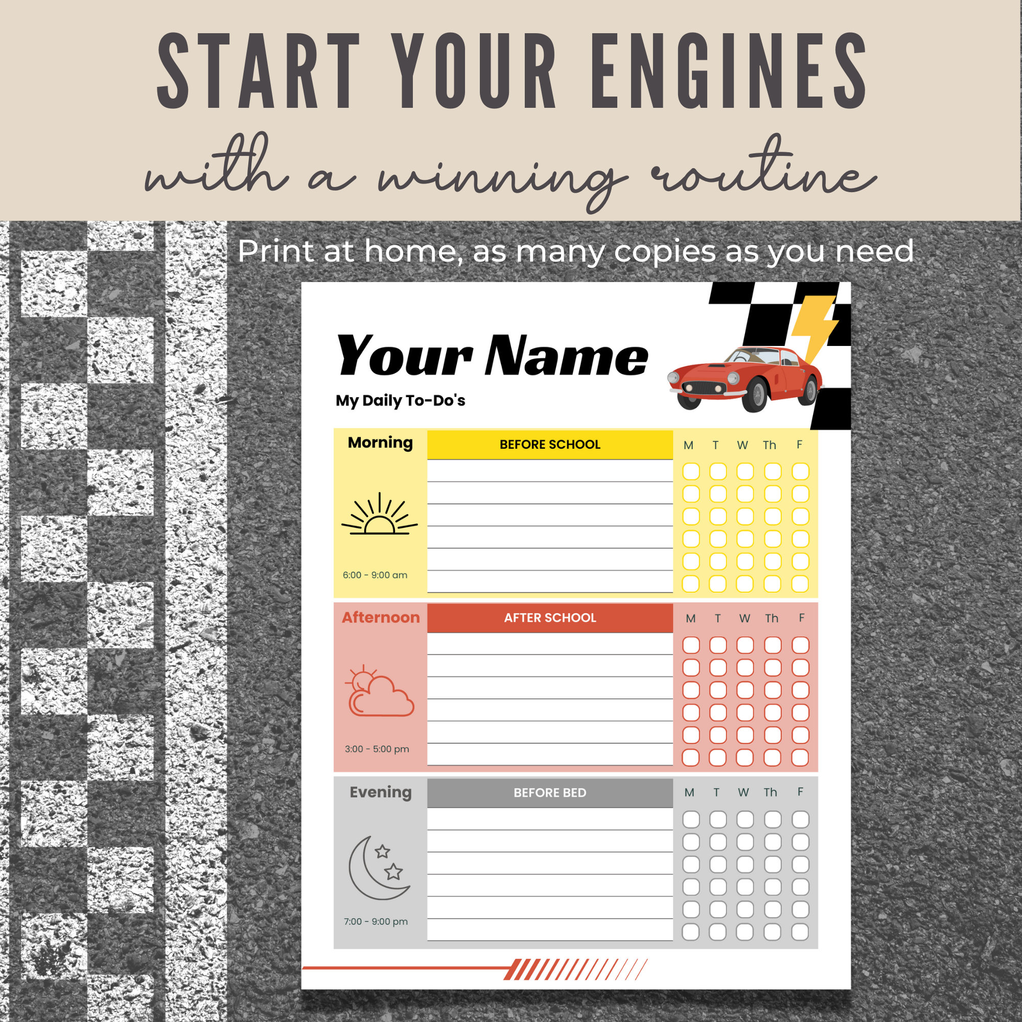 Race Car Editable Kids Morning Routine Chart, Kids Daily Checklist ...