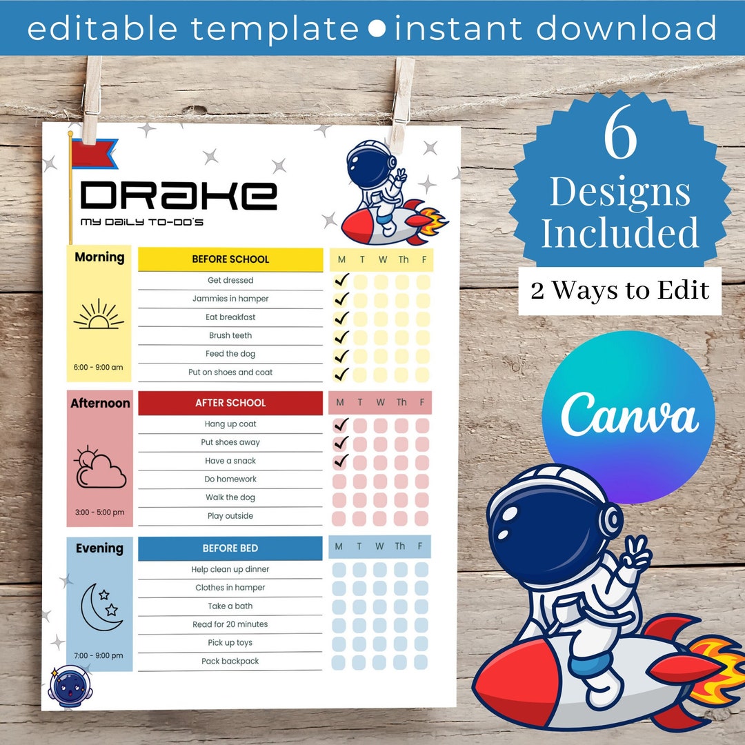 Outer Space Editable Kids Morning Routine Chart, Kids Daily Checklist ...