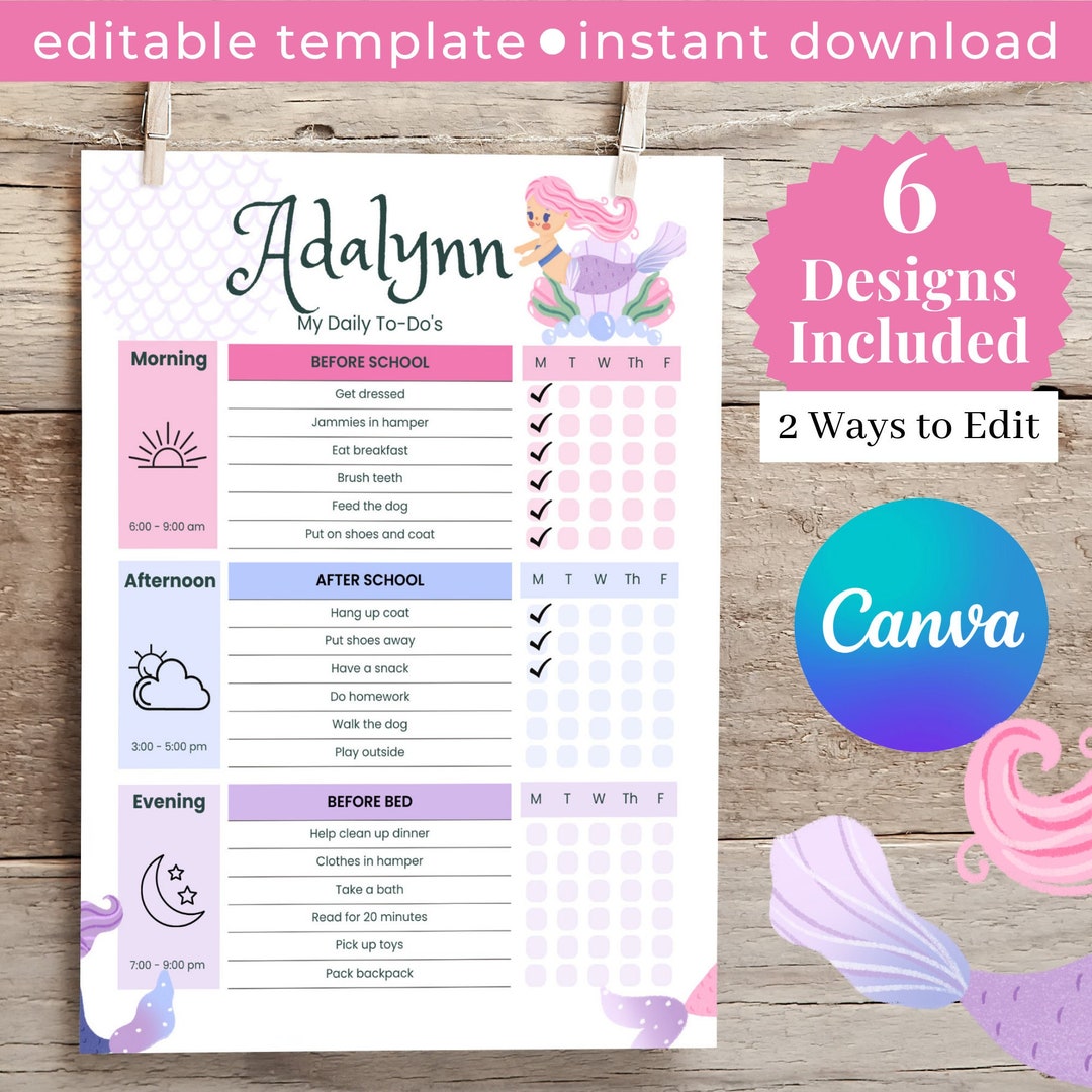 Mermaid Editable Kids Morning Routine Chart, Kids Daily Checklist ...