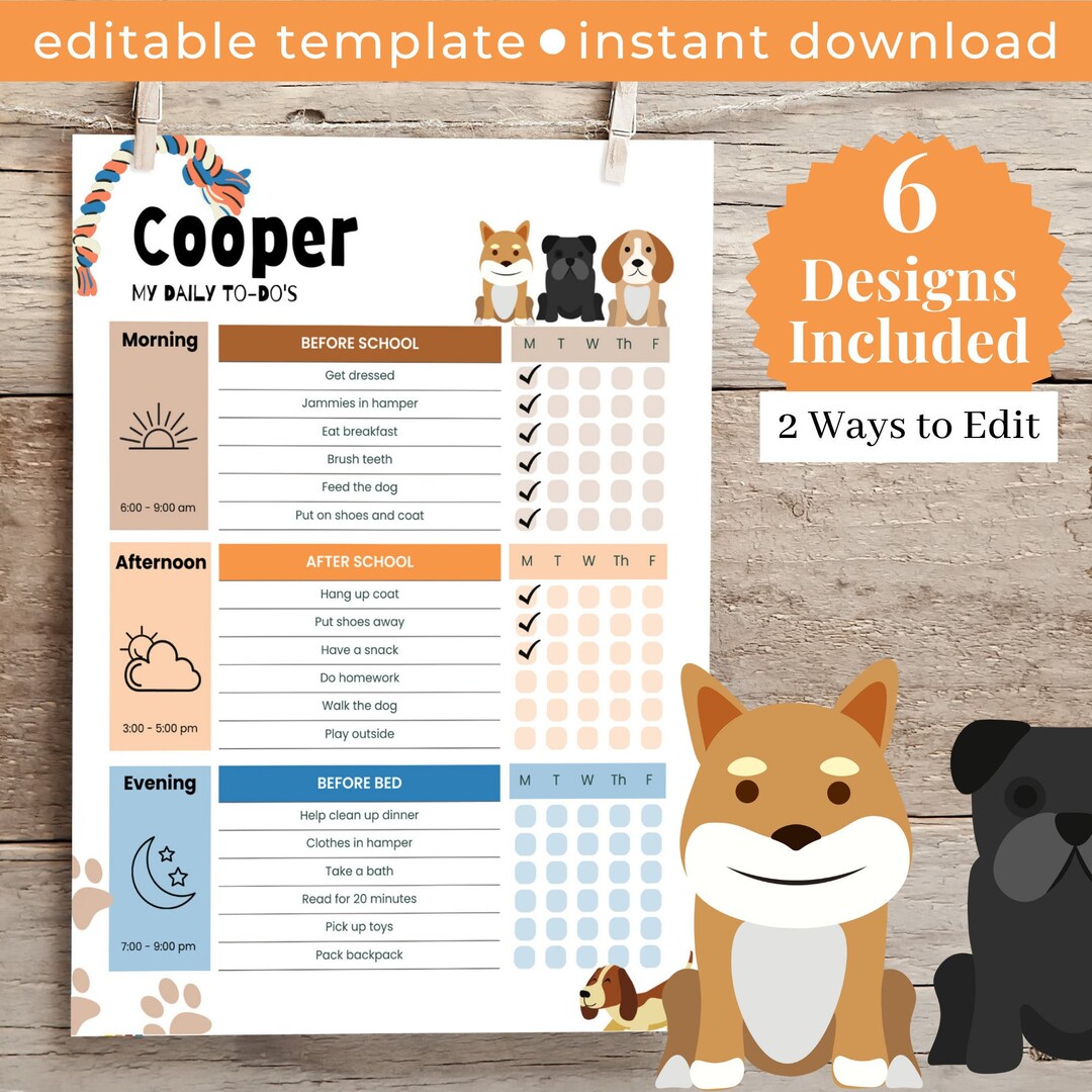 Dog Lover Editable Kids Morning Routine Chart, Kids Daily Checklist ...