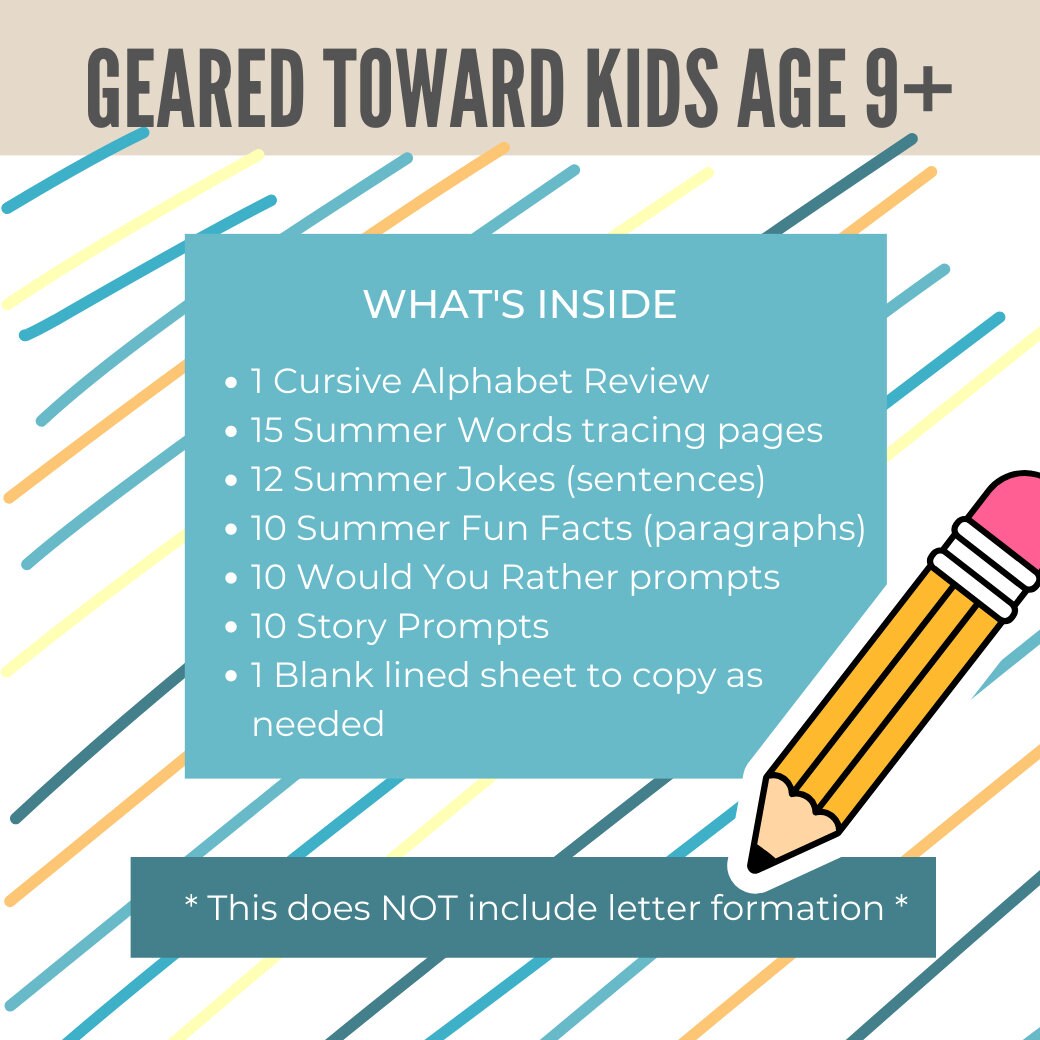 Summer Cursive Handwriting Practice Worksheets for Kids, Printable ...