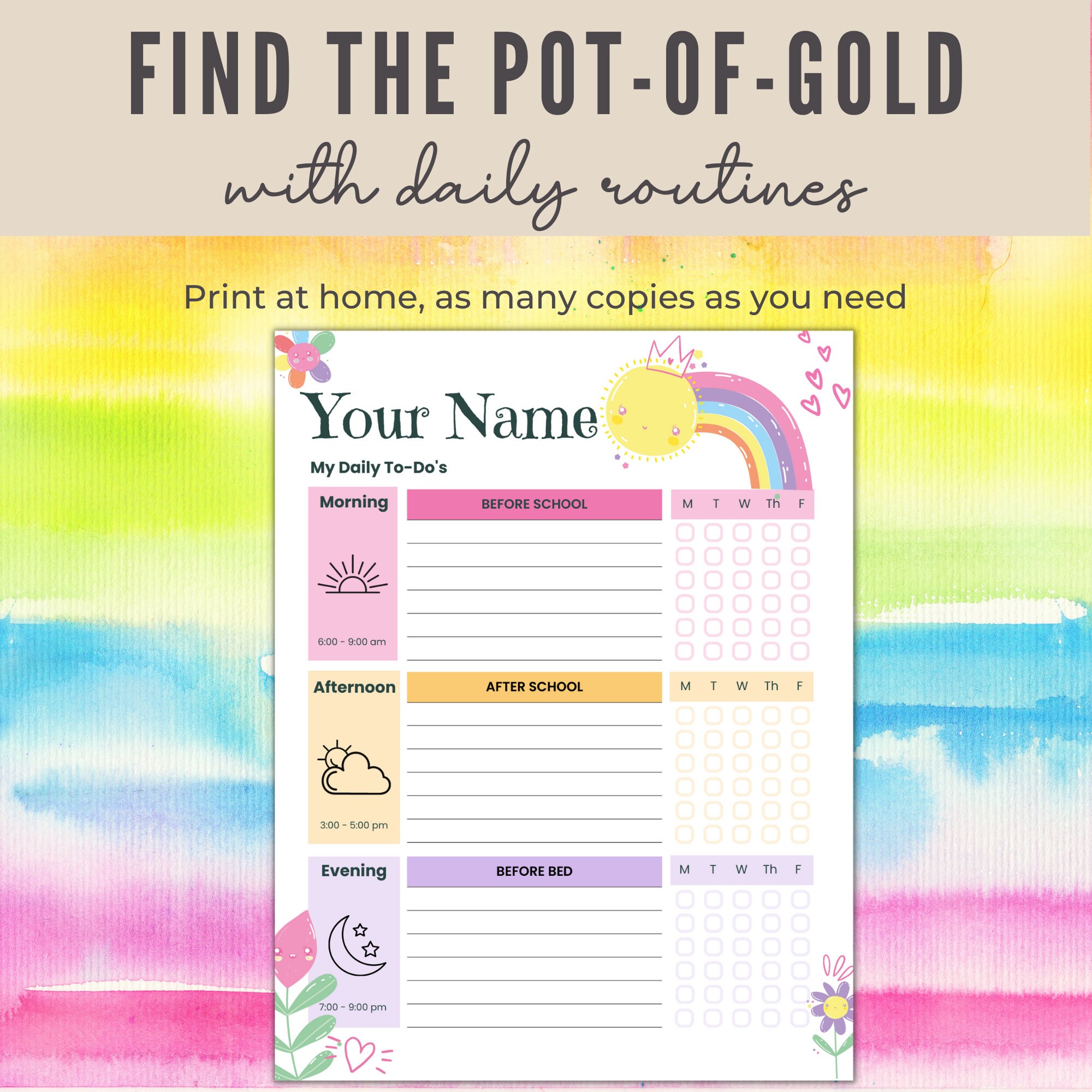 Rainbow Editable Kids Morning Routine Chart, Kids Daily Checklist ...