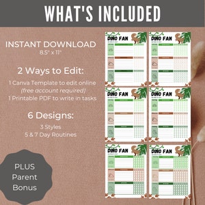 Dinosaur Editable Kids Morning Routine Chart, Kids Daily Checklist ...