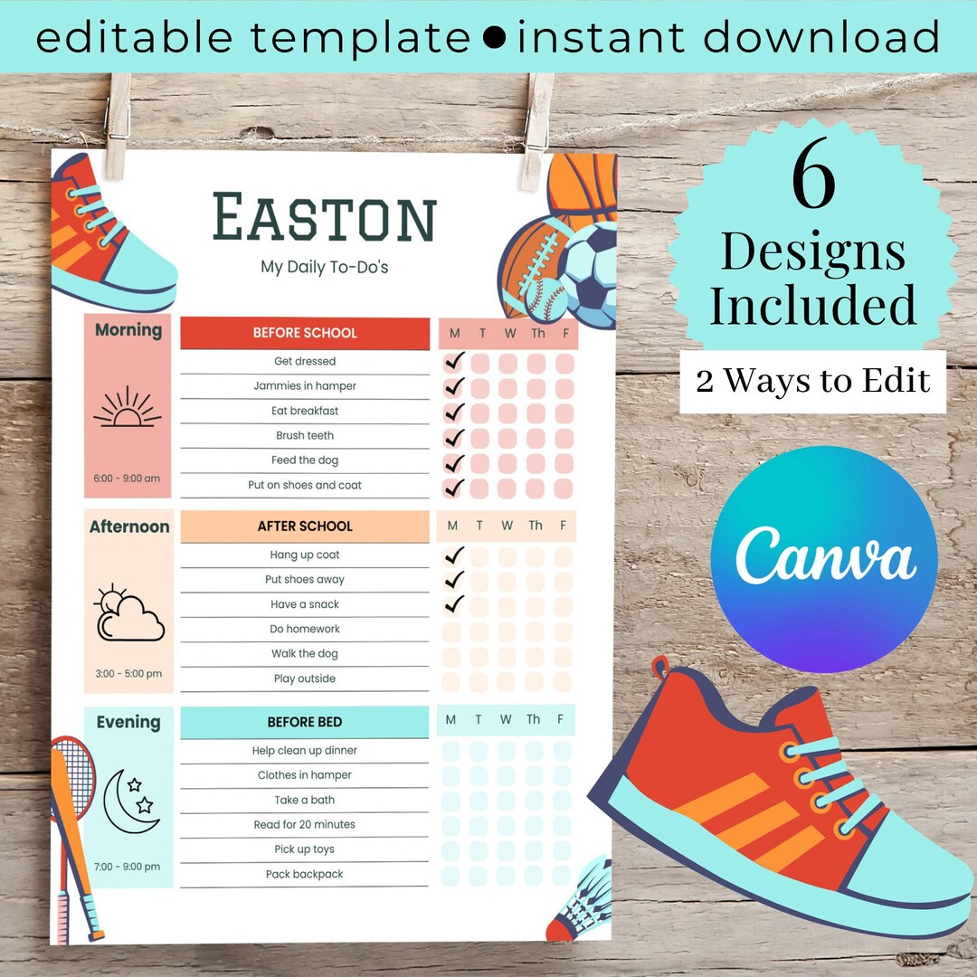 Sports Editable Kids Morning Routine Chart, Kids Daily Checklist ...