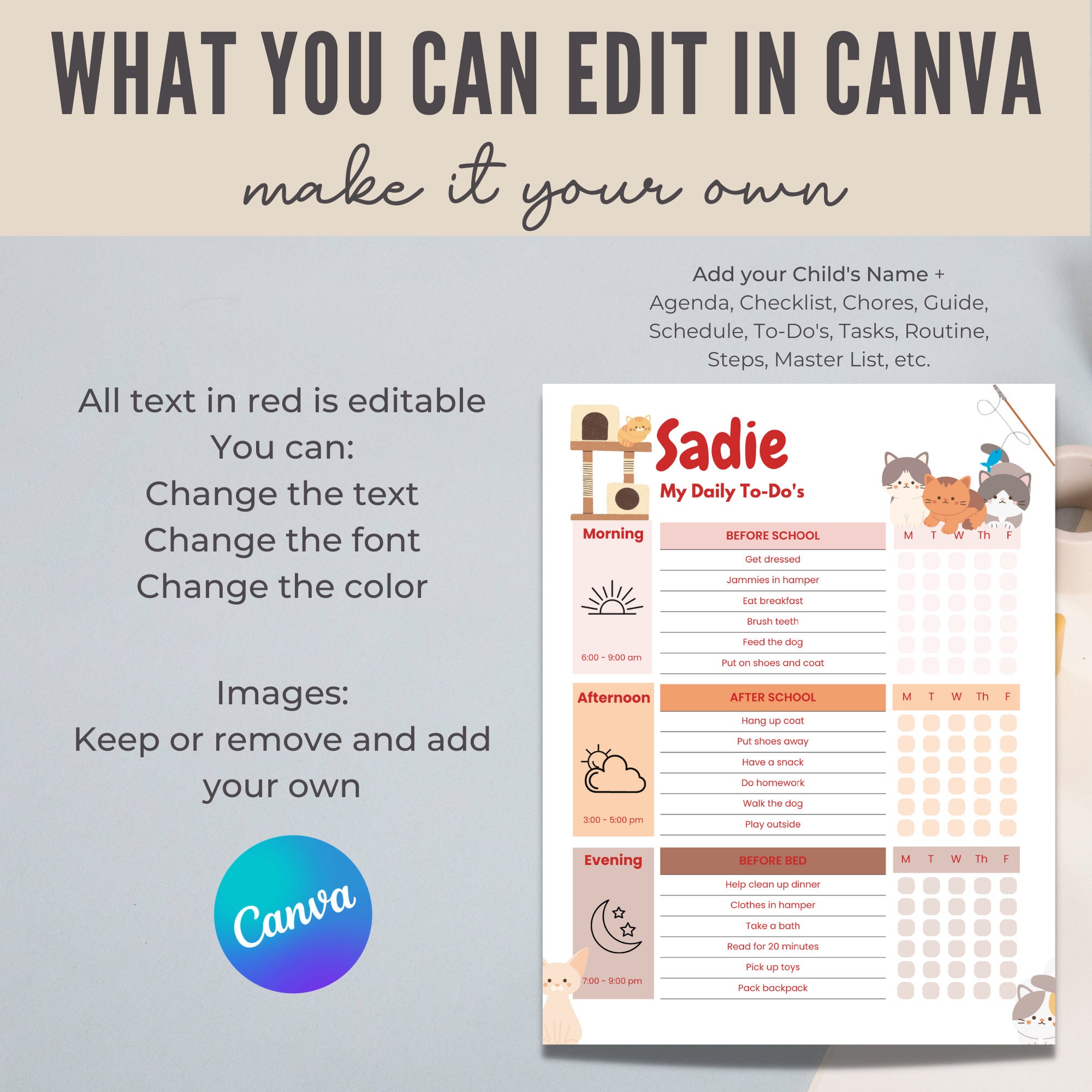 Cats Editable Kids Morning Routine Chart, Kids Daily Checklist, Bedtime ...