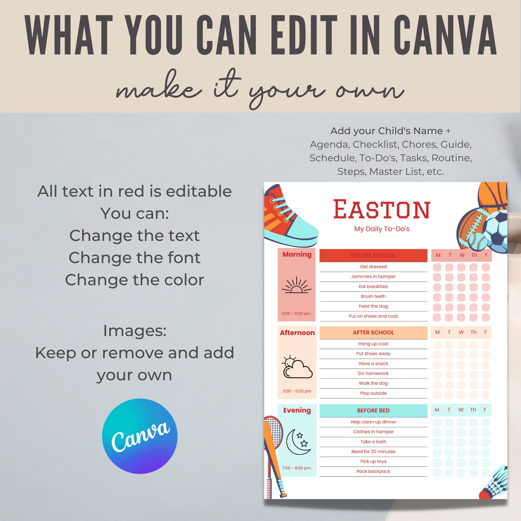 Sports Editable Kids Morning Routine Chart, Kids Daily Checklist ...