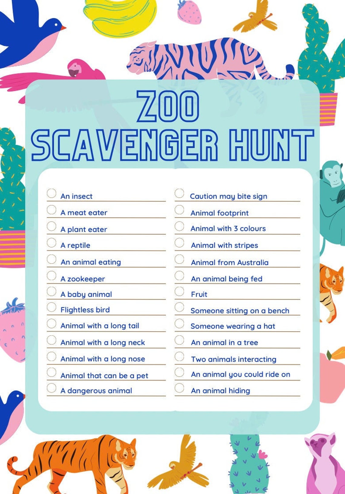 Zoo Scavenger Hunt | Children's Activity Sheets | Printable Animal Zoo ...