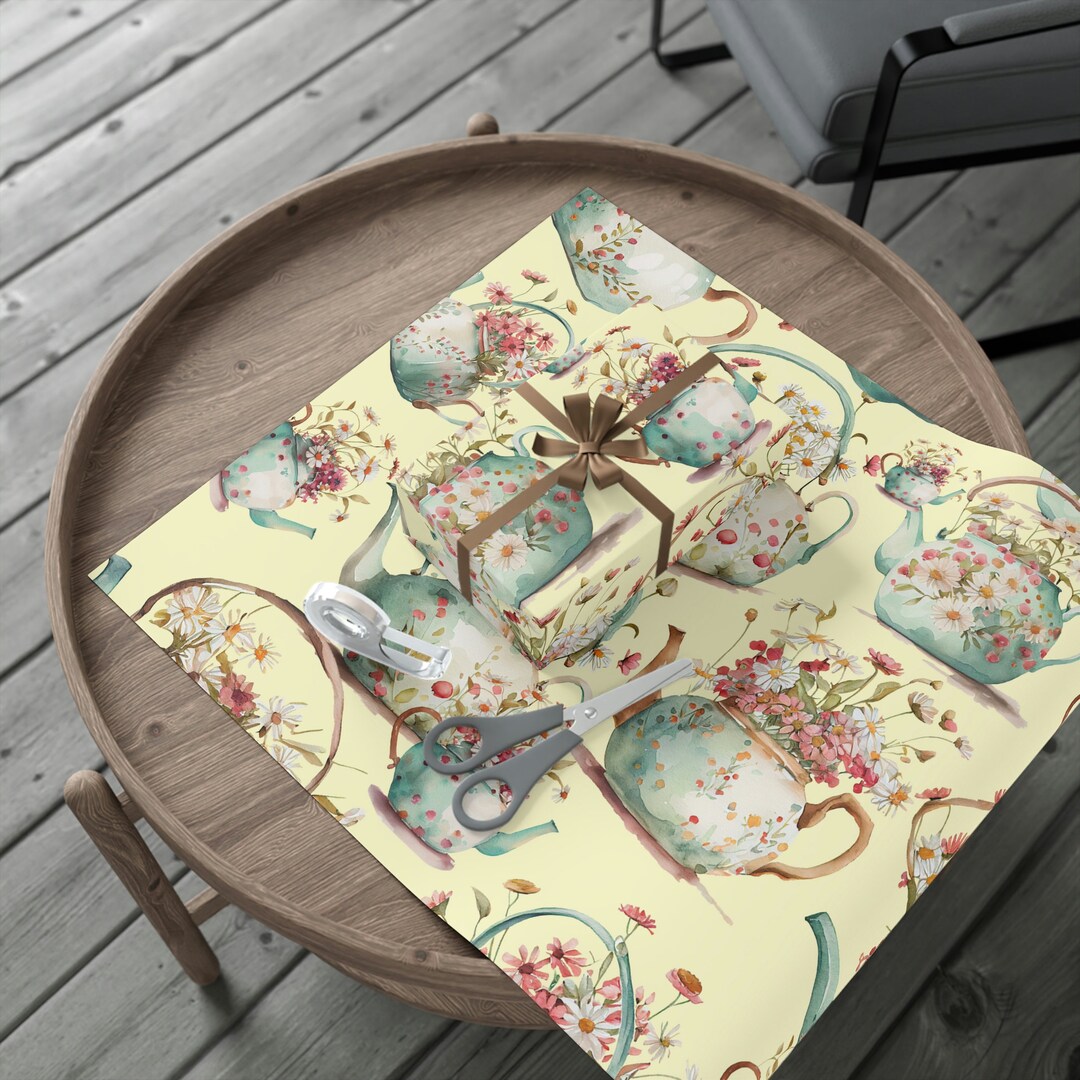 Pastel Yellow Teapots Wrapping Paper | Floral Anniversary Gift Wrap - Etsy