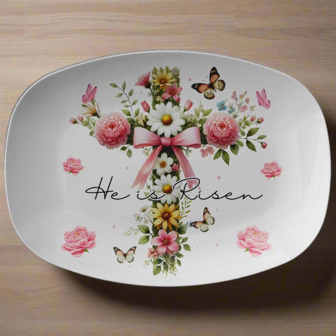 He is Risen Platter: Floral Cross, Christian Easter Decor (10x14) - Etsy