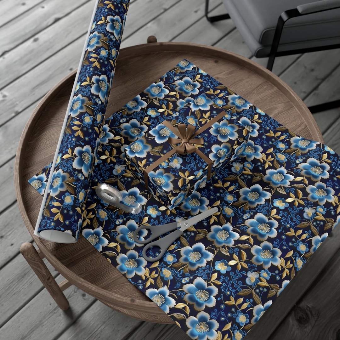 Elegant Navy and Gold Floral Wrapping Paper Luxury Gifting Made ...