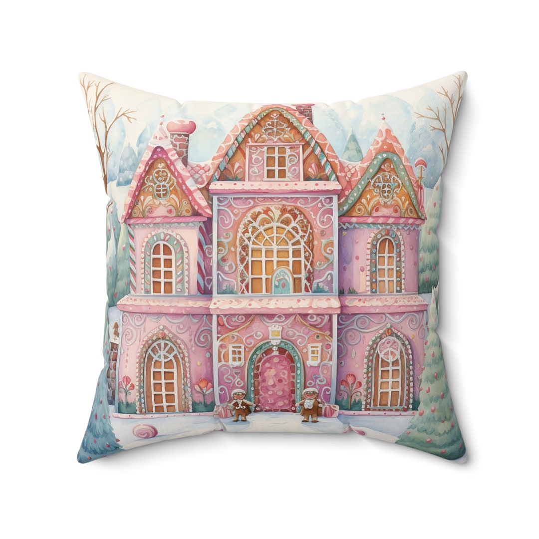 Pink Gingerbread House Square Pillow |housewarming Gift| Comfort in ...