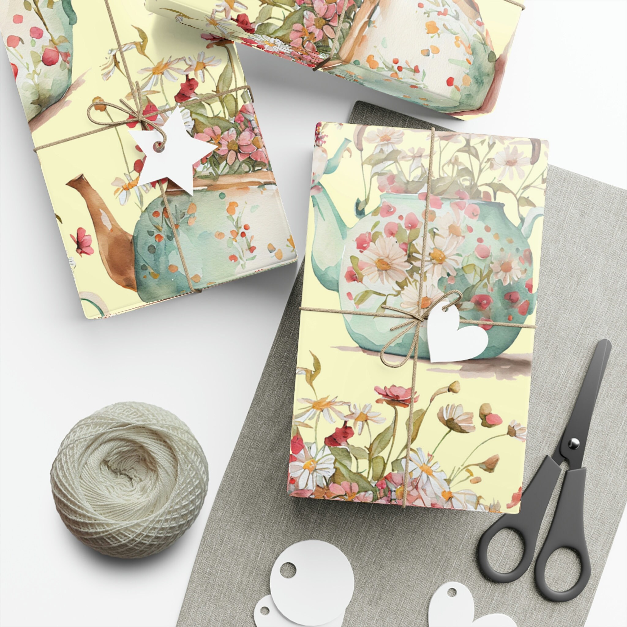 Pastel Yellow Teapots Wrapping Paper | Floral Anniversary Gift Wrap - Etsy