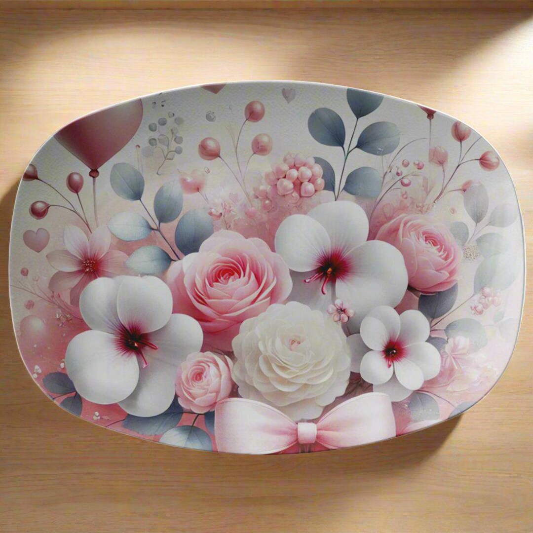 Elegant Watercolor Pink Hearts & Bows Platter 10x14 – Stylish Tableware ...