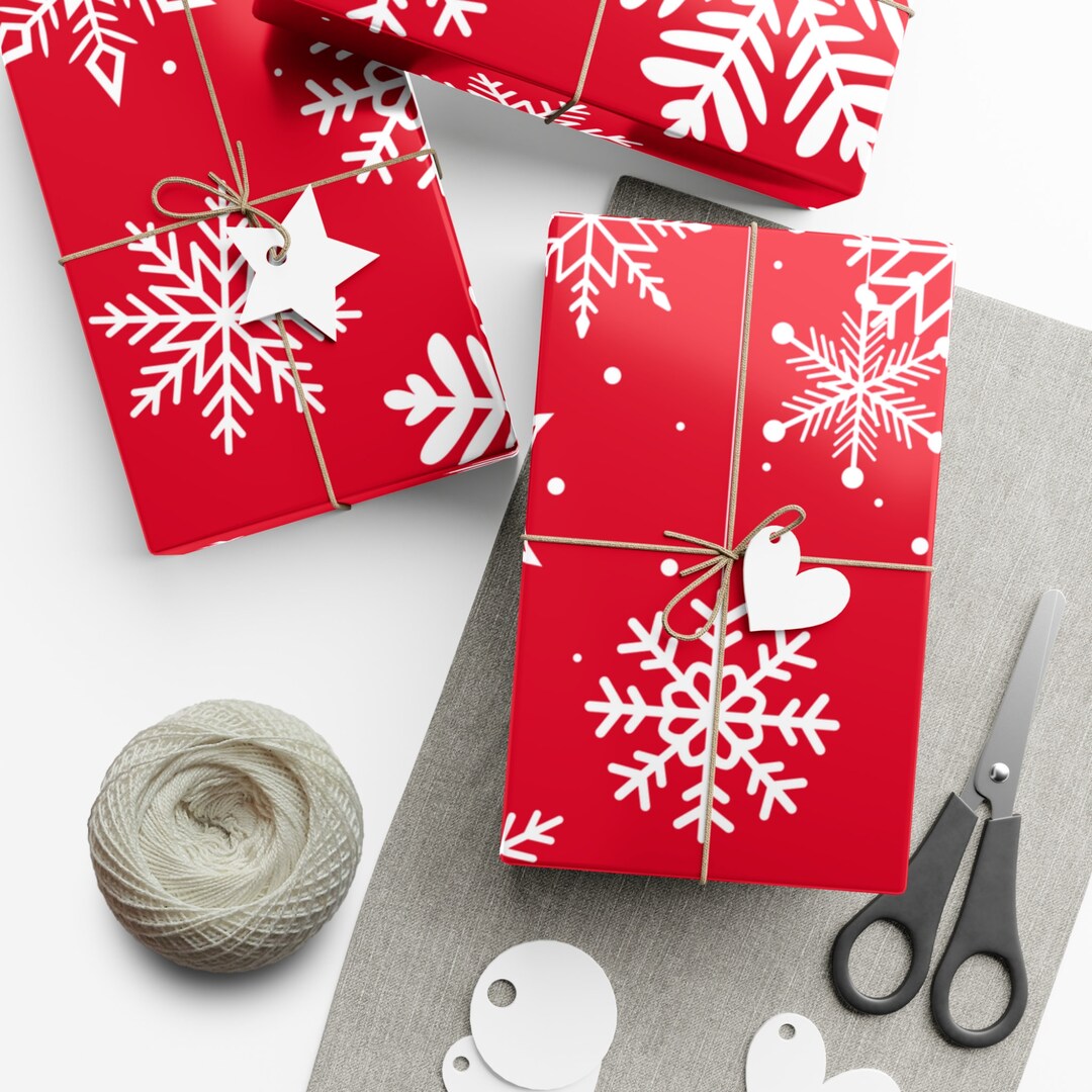 Red Holiday Wrapping Paper: White Snowflakes, Festive Gift Wrap - Etsy