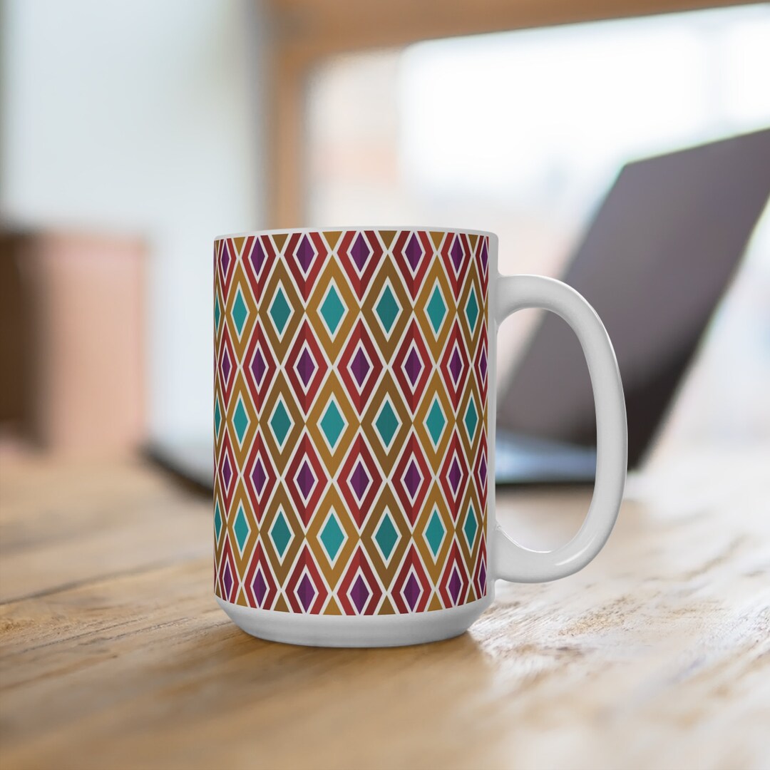 Retro Diamond Pattern Mug: Purple, Gold, and Teal Coffee Cup - Etsy