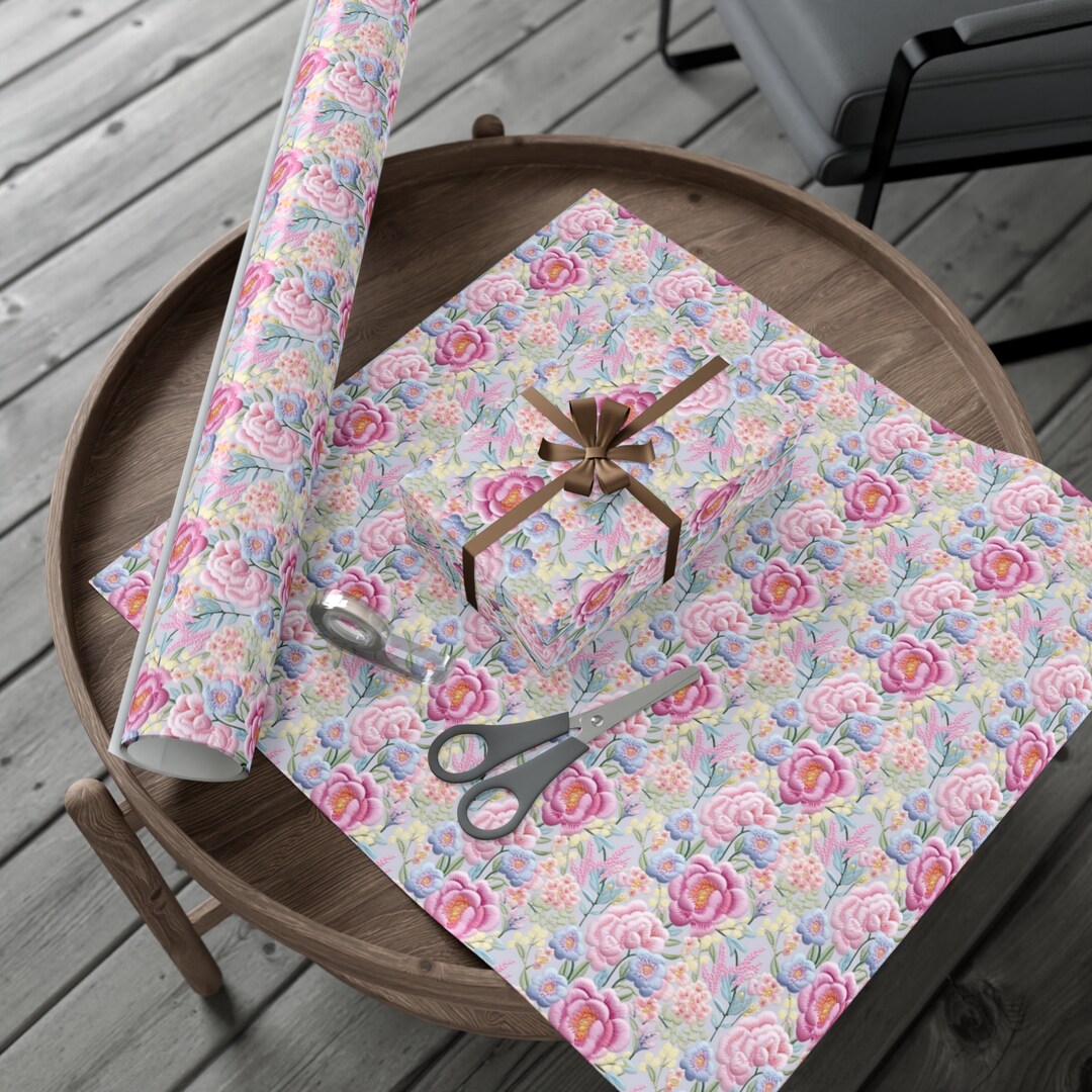 Pastel Pink & Blue Rose Wrapping Paper: Floral Gift Wrap - Etsy