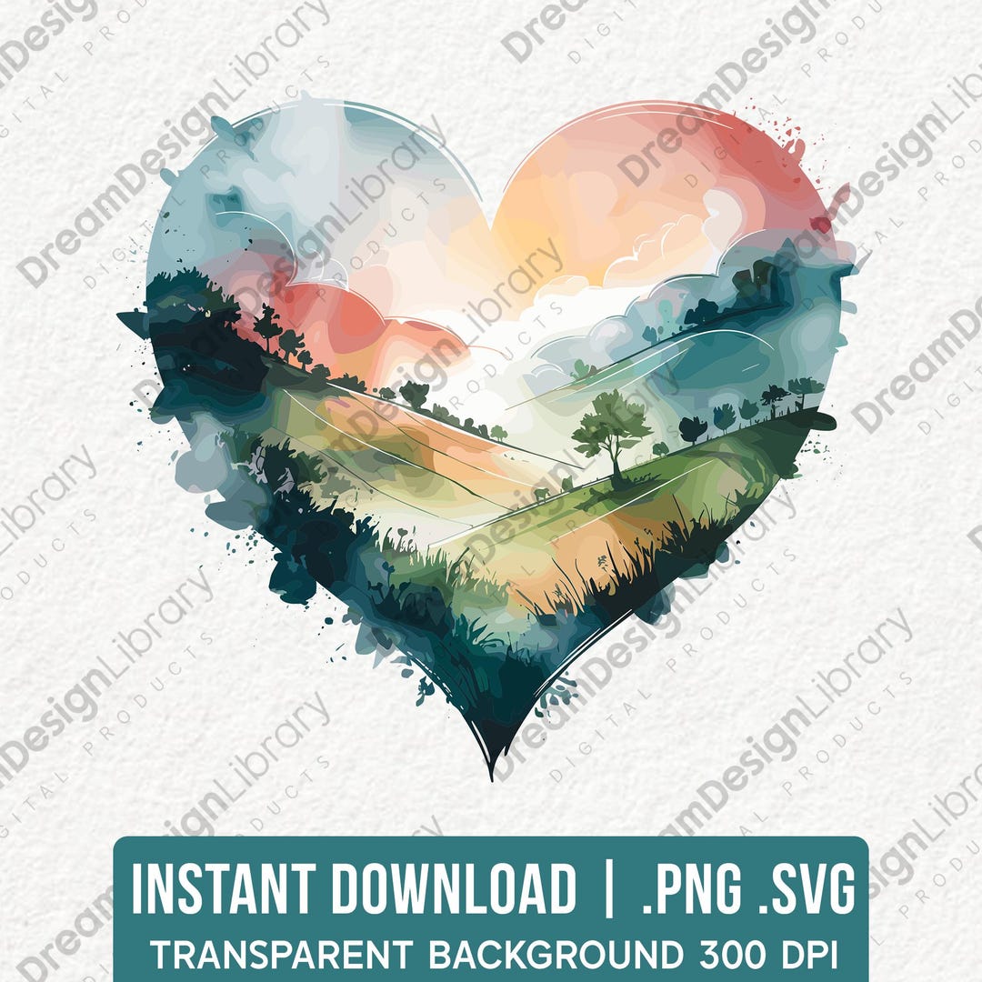 Heart Landscape Clipart | Watercolor Nature Scene | Digital Art for ...