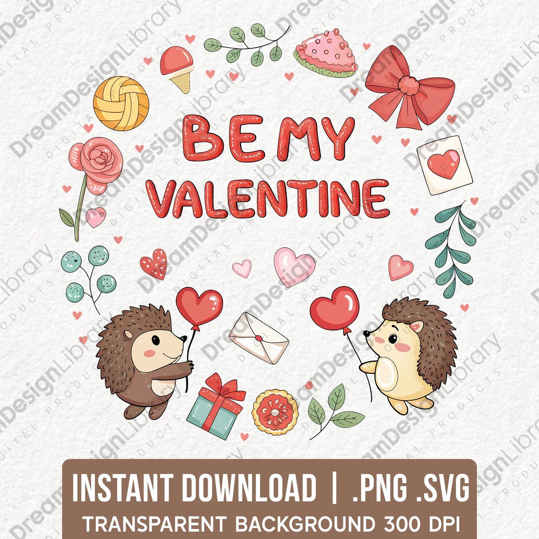 Be My Valentine Clipart Cute Hedgehog and Love Elements Digital ...