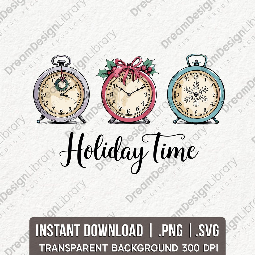 Holiday Time Clock Christmas Digital Download Festive Winter Clipart ...