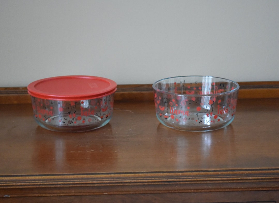 2x Vintage Fun Pyrex 7 7203 18 FALALA LLAMA Red Pattern Glass Bowls ...