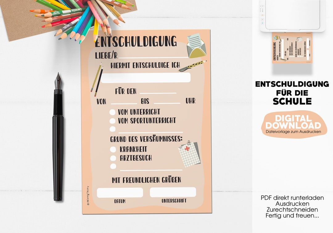 Entschuldigung Schule Din A5 DIGITALE DATEI Mit Sofort-download Zum ...