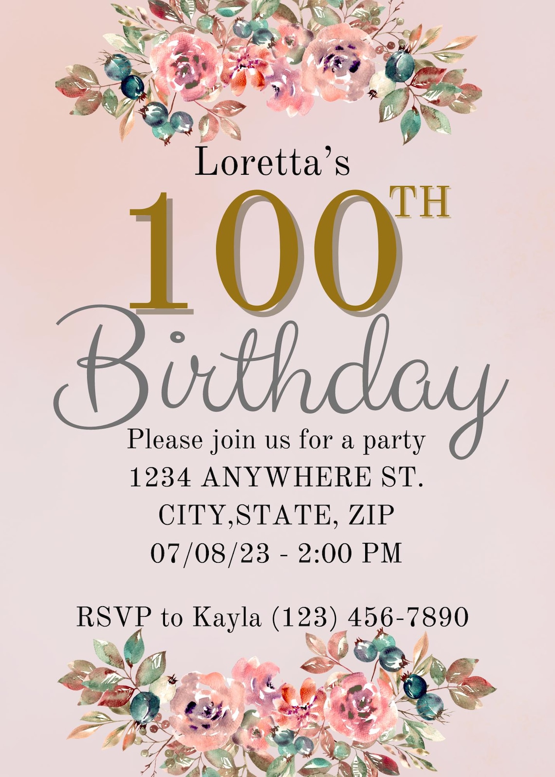 100th Birthday, 100th Birthday Invitation, 100th, Women's 100th ...
