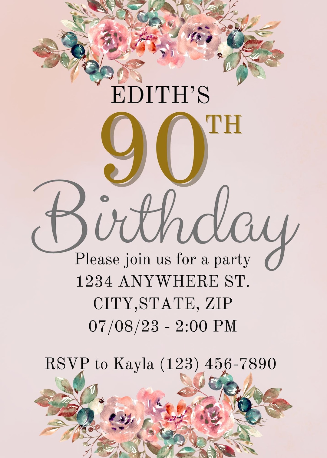 90th Birthday, 90th Birthday Invitation, 90th, Women's 90th Birthday ...