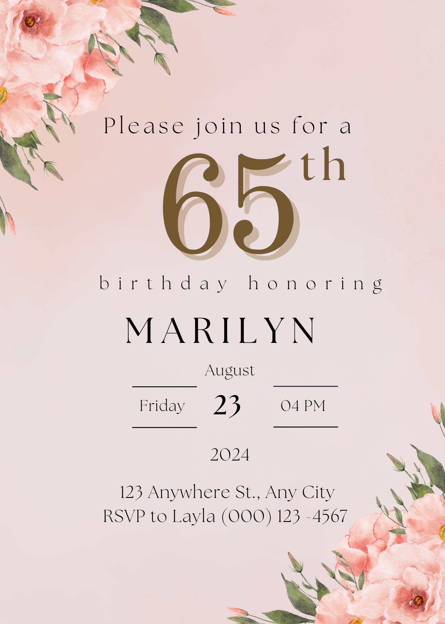 65th Birthday Invitation, 65th Birthday, 65th, Birthday Invitation ...