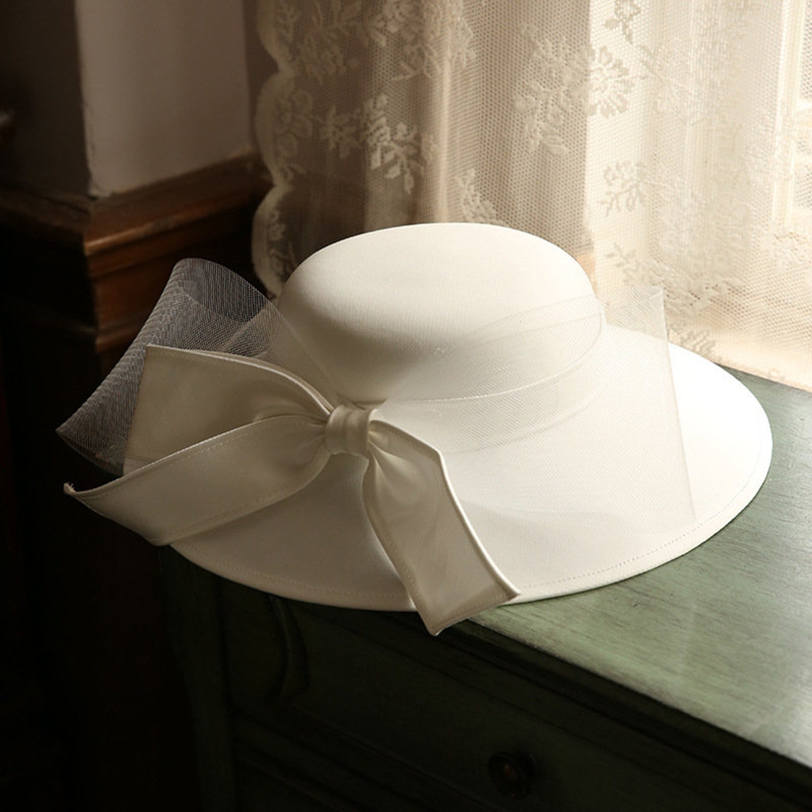 Flat Brim White Bow Hat Wedding Shoot Hat Bride White Bow Hat - Etsy