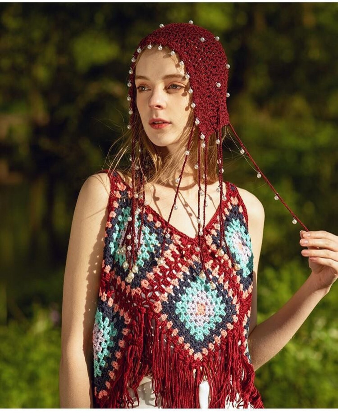 Knitted Hollow Out Pearls Hat With Tassel Photo Shoot Hat Woven Skull ...