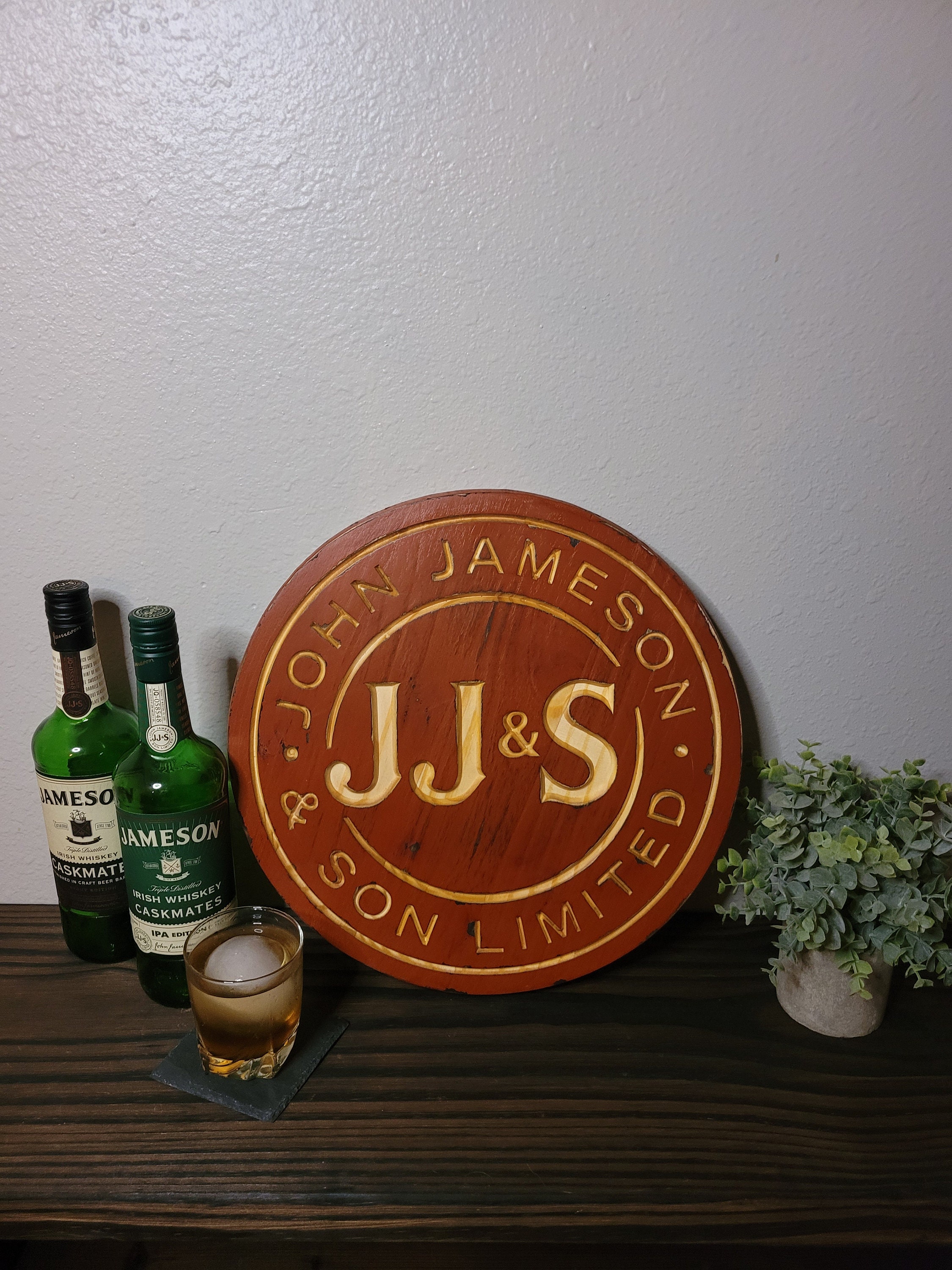 JAMESON WHISKEY SIGN Solid Wood Decor Round Distressed Wall Hanging ...
