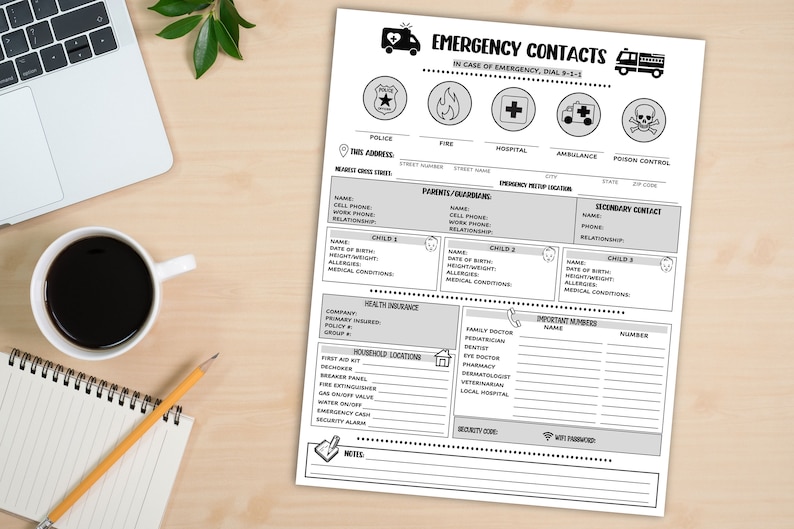 Emergency Contacts Form, Babysitter Emergency Information, Nanny ...