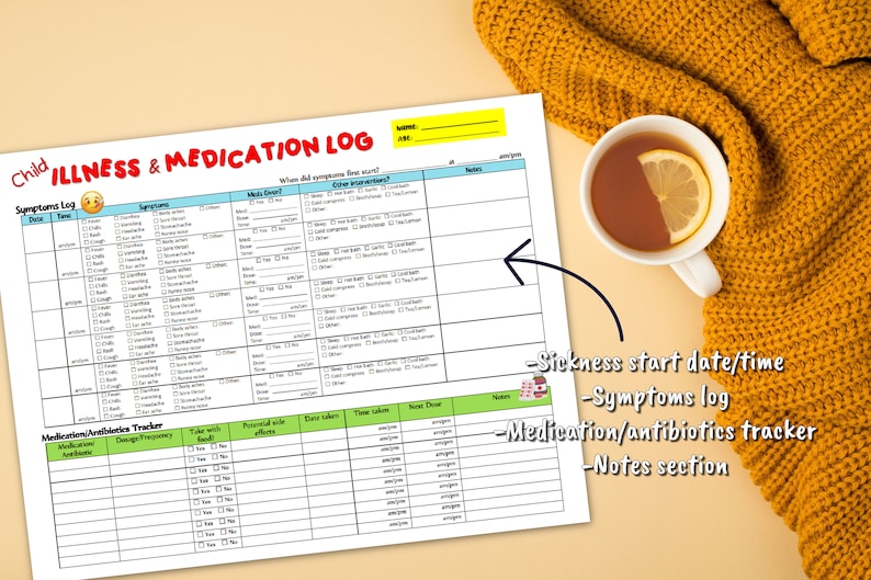 Child Sickness Log, Baby Illness Tracker, Medications Log, Antibiotics ...